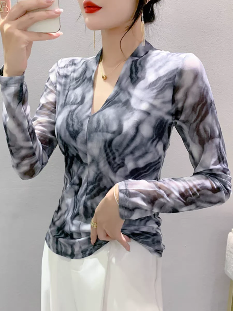 Spring-Summer-Print-Mesh-T-Shirts-Women-V-Neck-Full-Sleeve-High-Stretch ...
