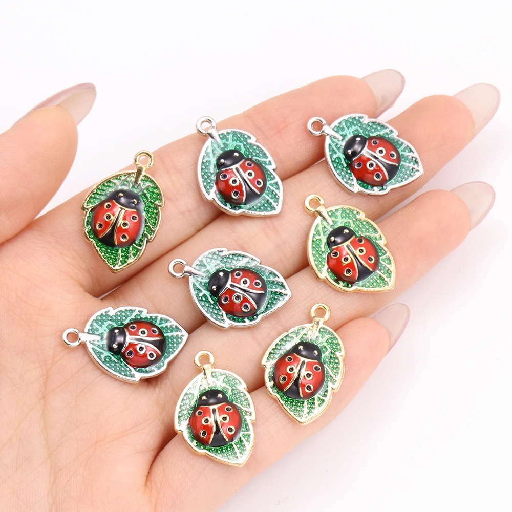 10Pcs New Enamel Insect Charms Green Leaf Ladybird Alloy Pendant for ...