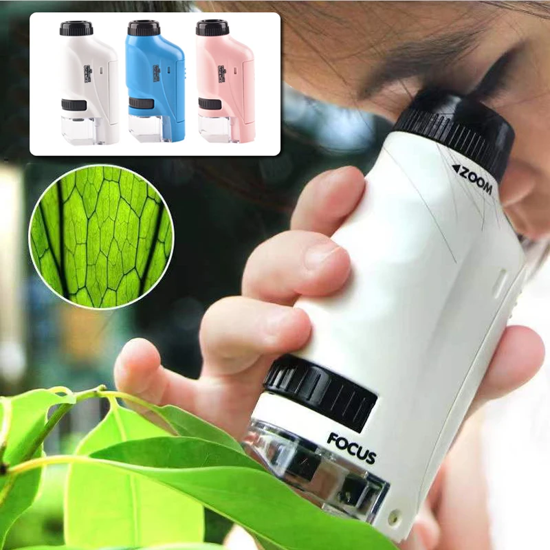 Mini Handheld Microscope Kit Lab LED Light 60X-120X Home School ...