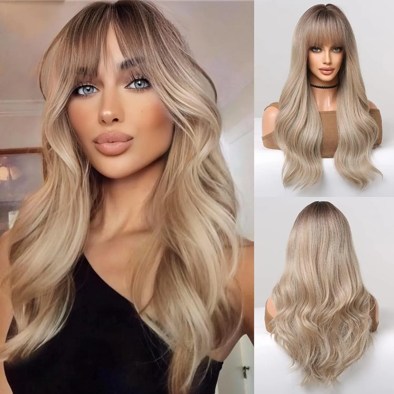 LOUIS-FERRE-Long-Wavy-Synthetic-Wigs-With-Bangs-Brown-Blonde-Ombre ...