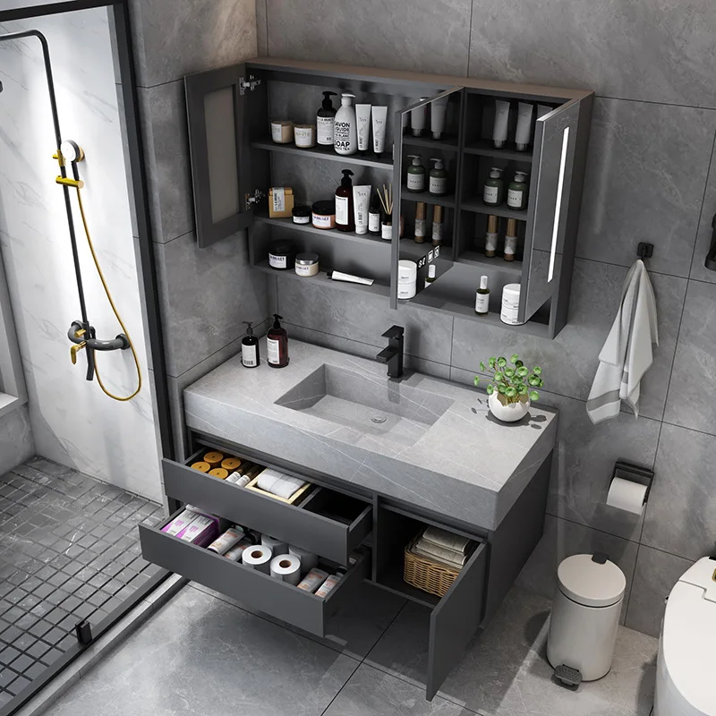 Modern Gray Wall Mount Bathroom Vanity Hotel Solid Wood Washroom ...