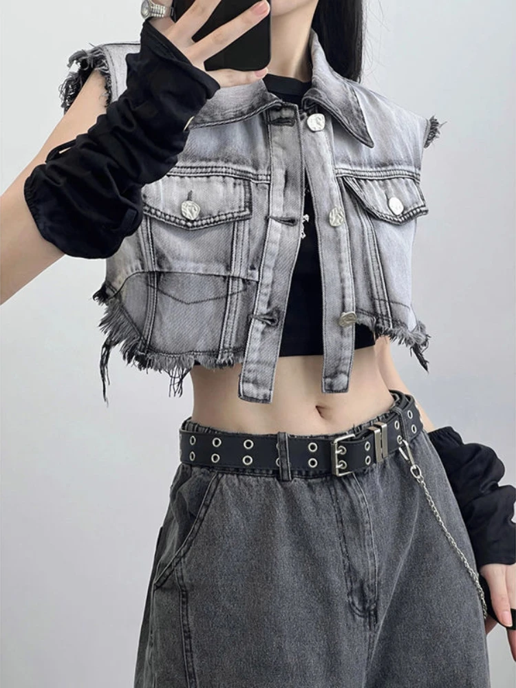 Vintage Streetwear Y2k Clothes Tassel Irregular Solid Sleeveless Denim ...
