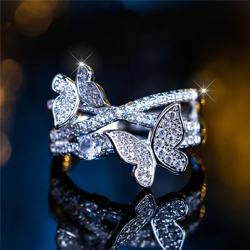 Cute Female Crystal Zircon Stone Butterfly Ring Vintage Silver Color ...