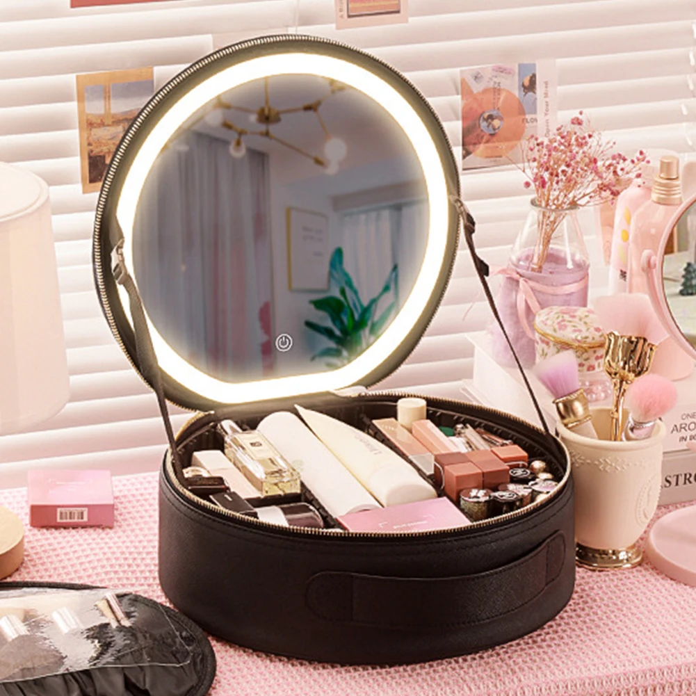 Round-Smart-LED-Maquiagem-Bag-Com-Luzes-Espelho-Mulheres-Beleza-Bag ...