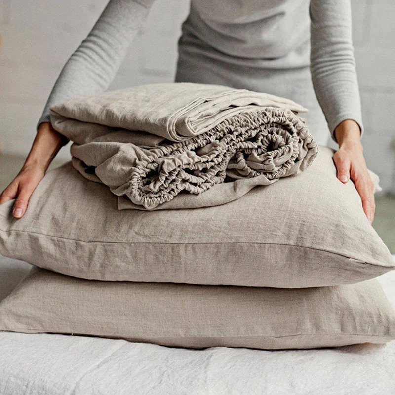 Parure de lit en lin pur, couleur unie, ensemble de draps, simple ...