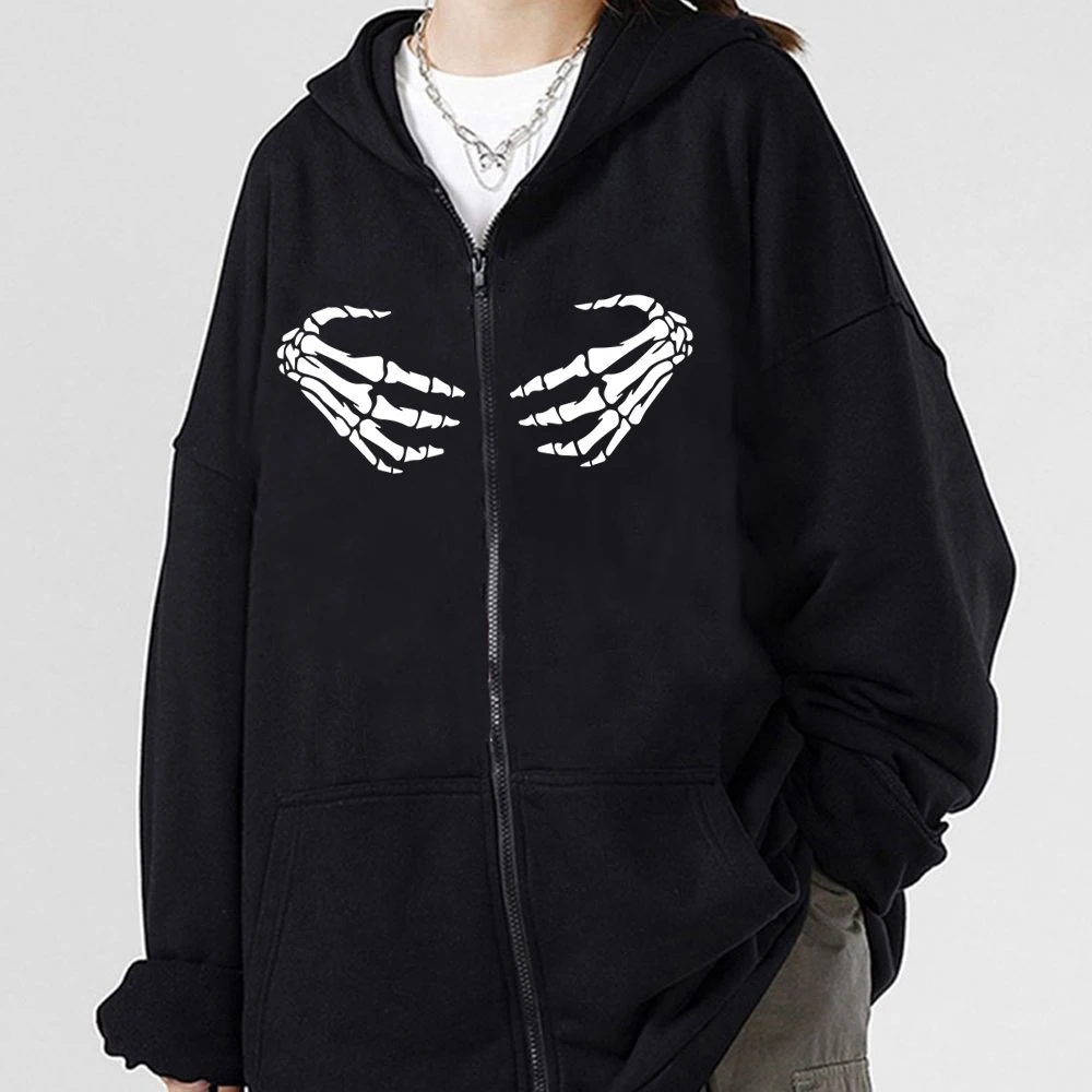 Gothic Skeleton Hand Print Zipper Sweatshirt Y2K Vintage Harajuku Bones ...