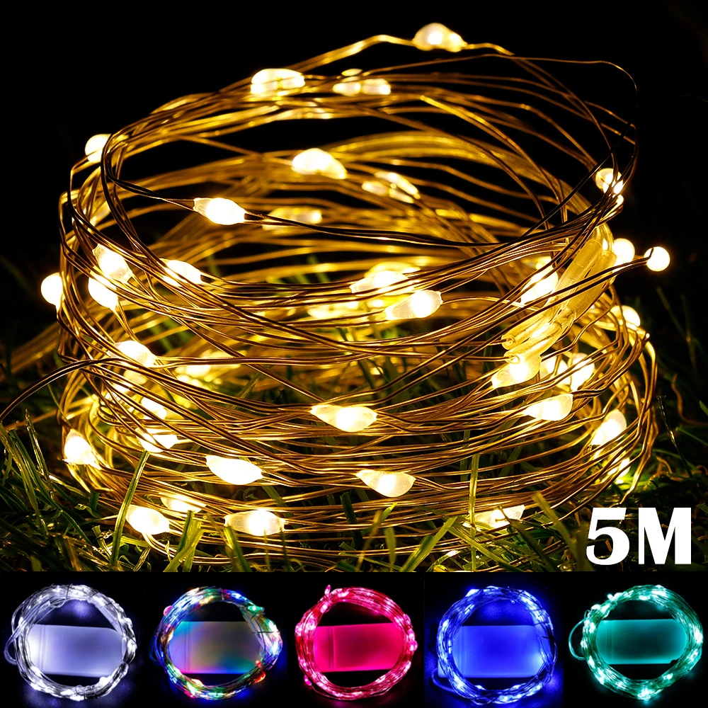 (5M) LED Copper Wire String Lights Battery Powered Garland Fairy ...