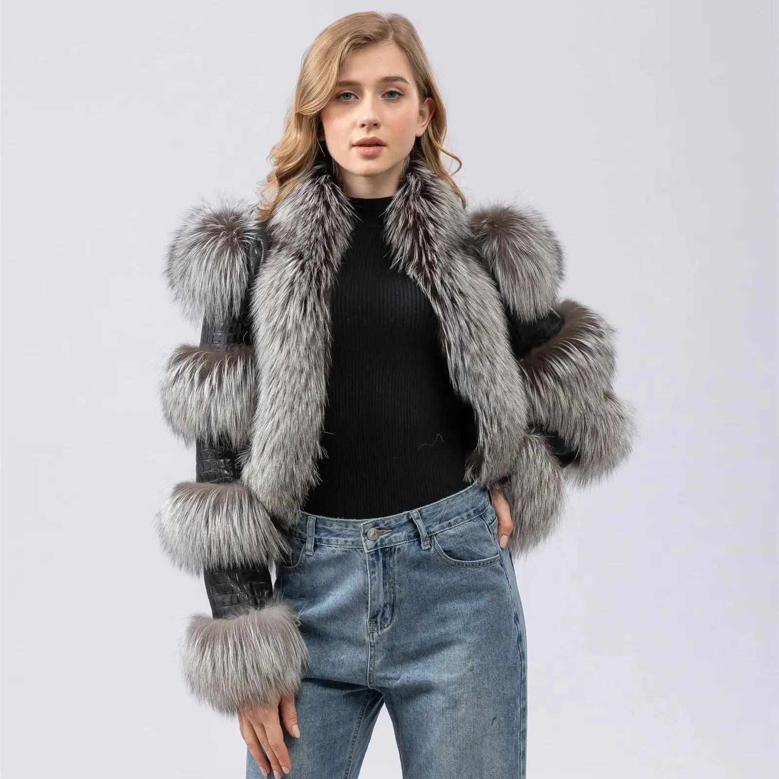 Real-Sheep-Leather-Short-Coat-for-Women-Crop-Fur-Sleeve-Jacket-Black ...