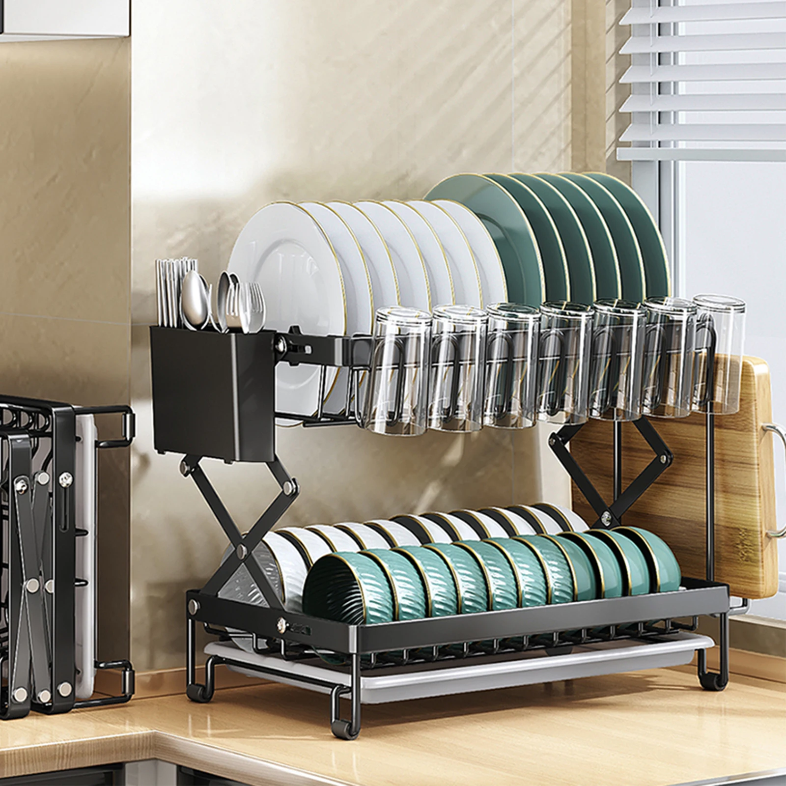 2tier-Foldable-Dish-Storage-Rack-with-Drying-Tray-Kitchen-Countertop ...