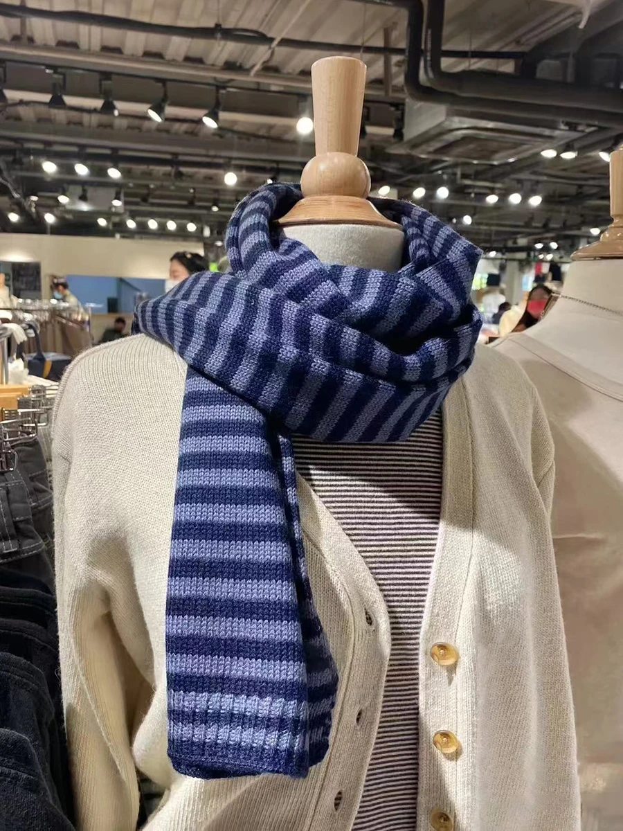 Navy Striped Knitted Warm Scarf Women Autumn Winter Unisex Thick Cotton ...