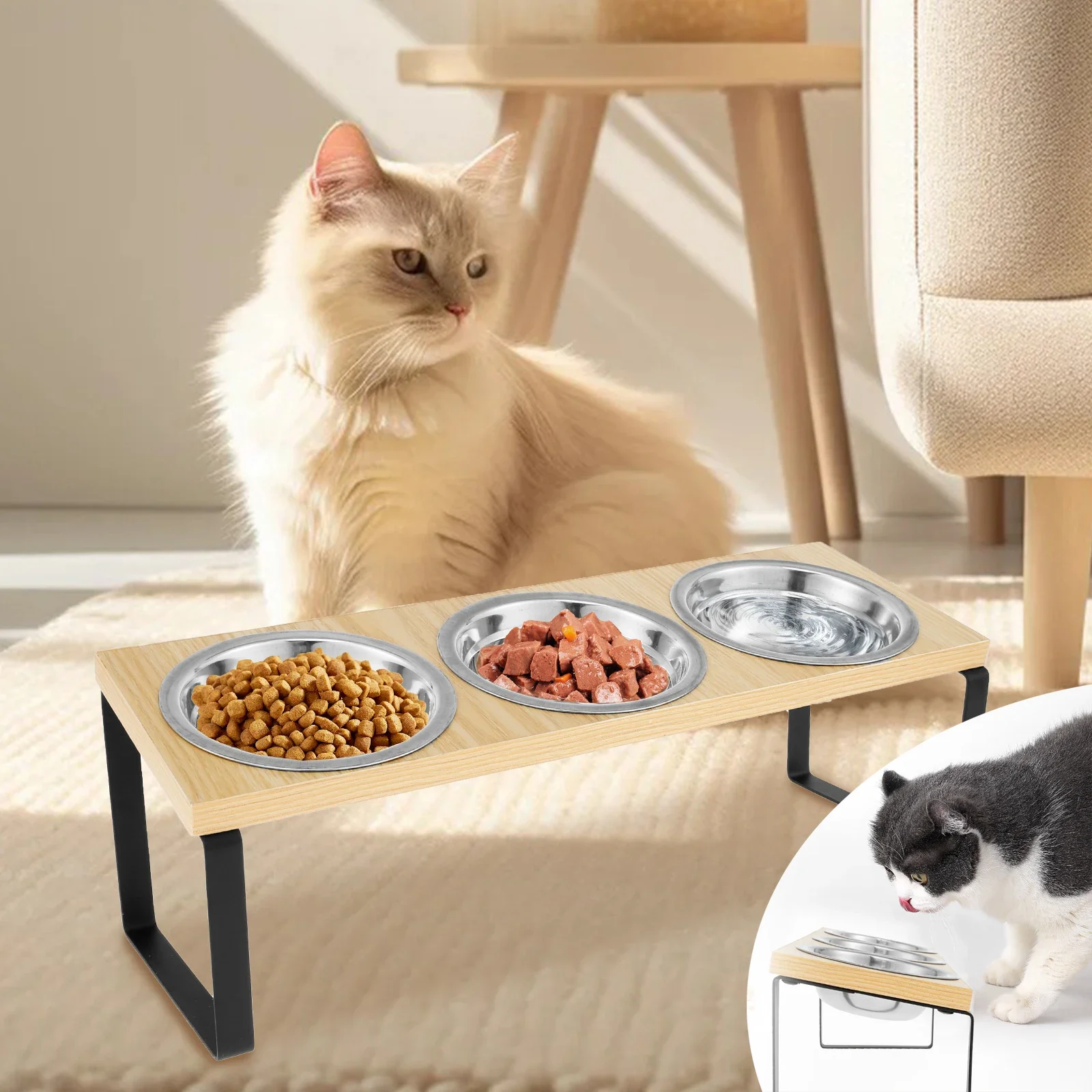 Elevated Cat Bowls Wood Cat Bowl Stand 15° Inclined Elevated Cat Food ...