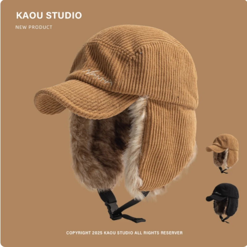 Japanese Letter Embroidered Corduroy Ear Protection Lei Feng Hat for ...