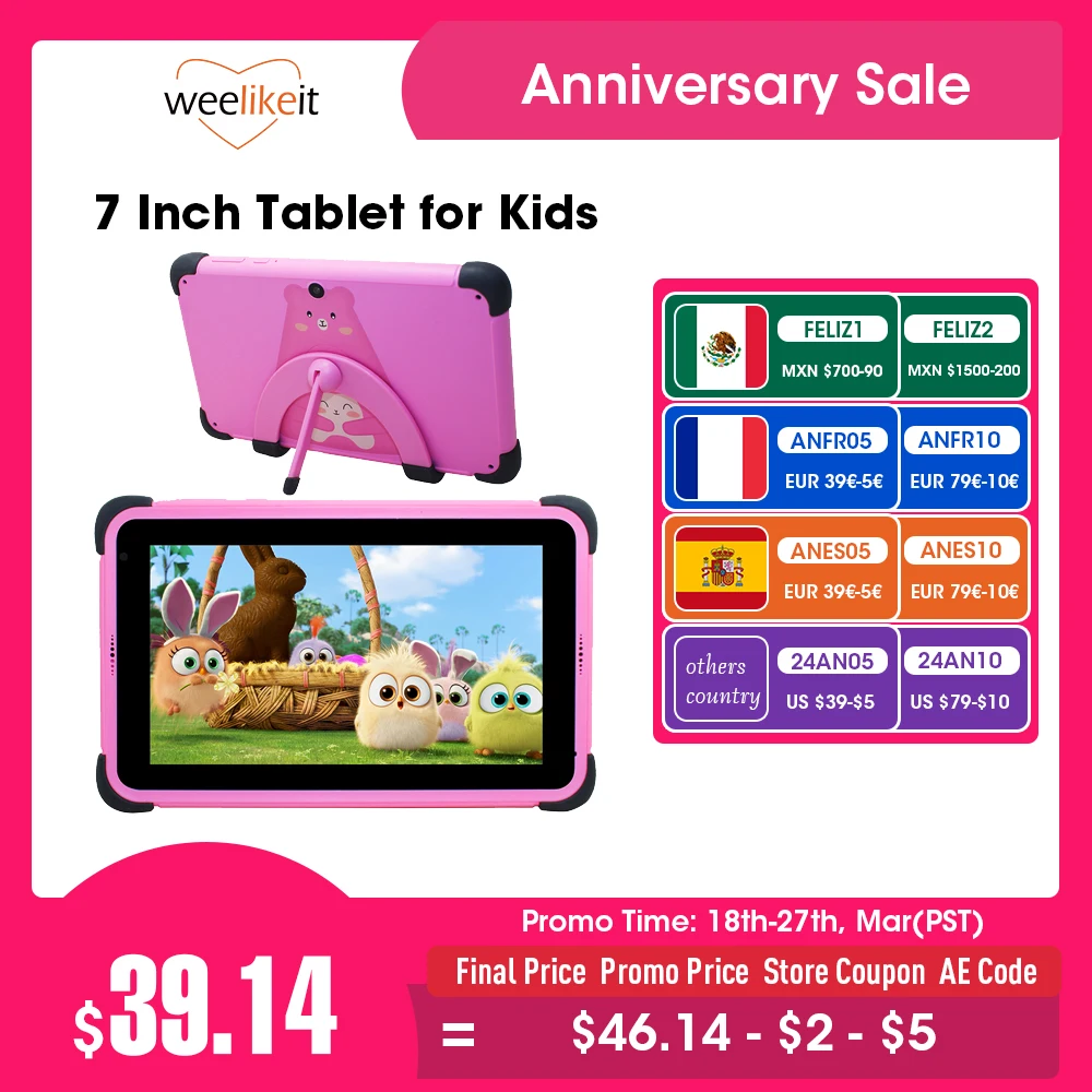 weelikeit 7 Inch Kids Tablets Android 13 1024*600 HD Ouad Core Dual ...