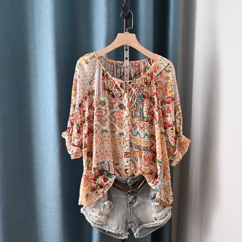 Fine-elegant-blouses-for-women-boho-three-quarter-sleeve-print-blouses ...