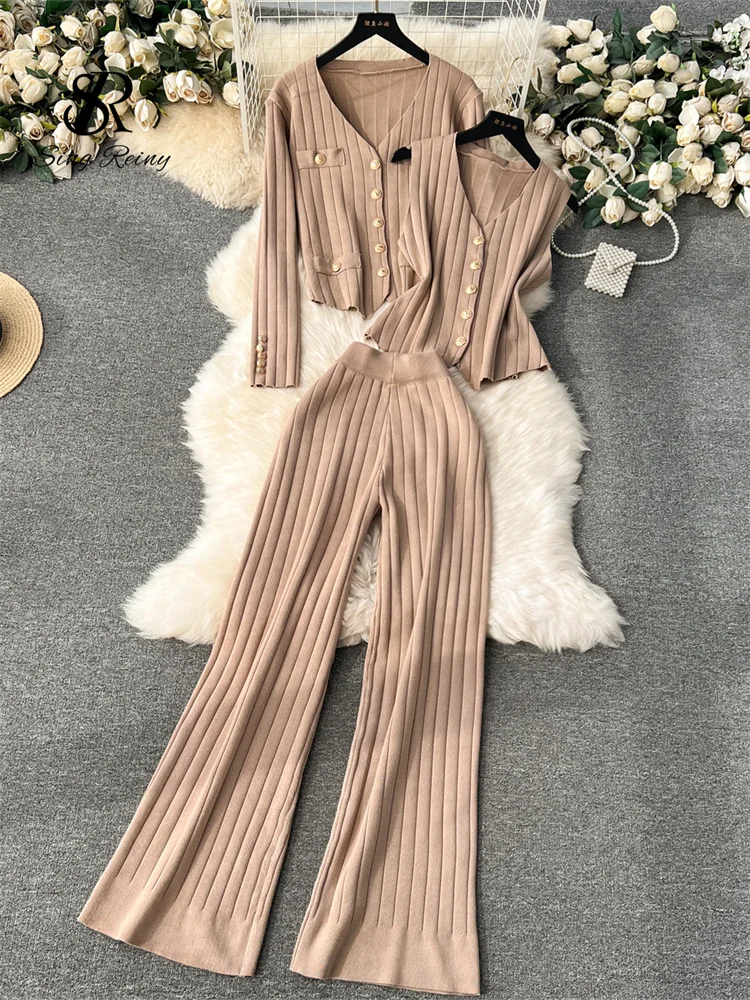 SINGREINY Senior Knitted Suits Fashion Metal Button Vest+V Neck Long ...