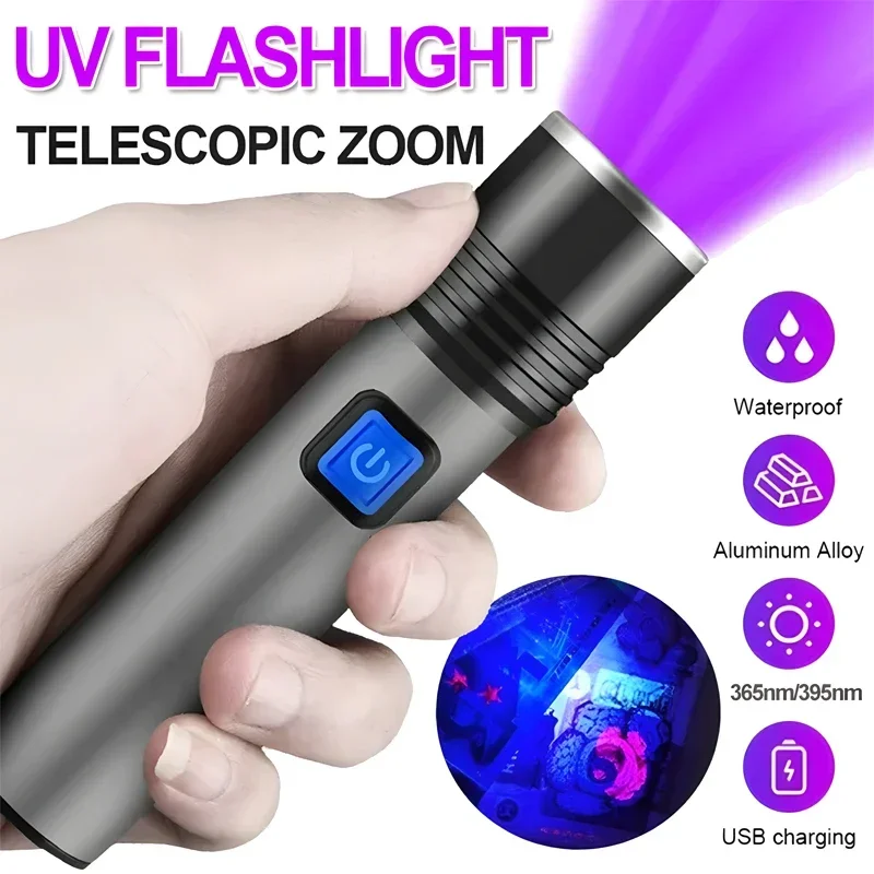 365-395nm-UV-Flashlight-Blacklight-Zoomable-Torch-Lamps-USB-Charging ...