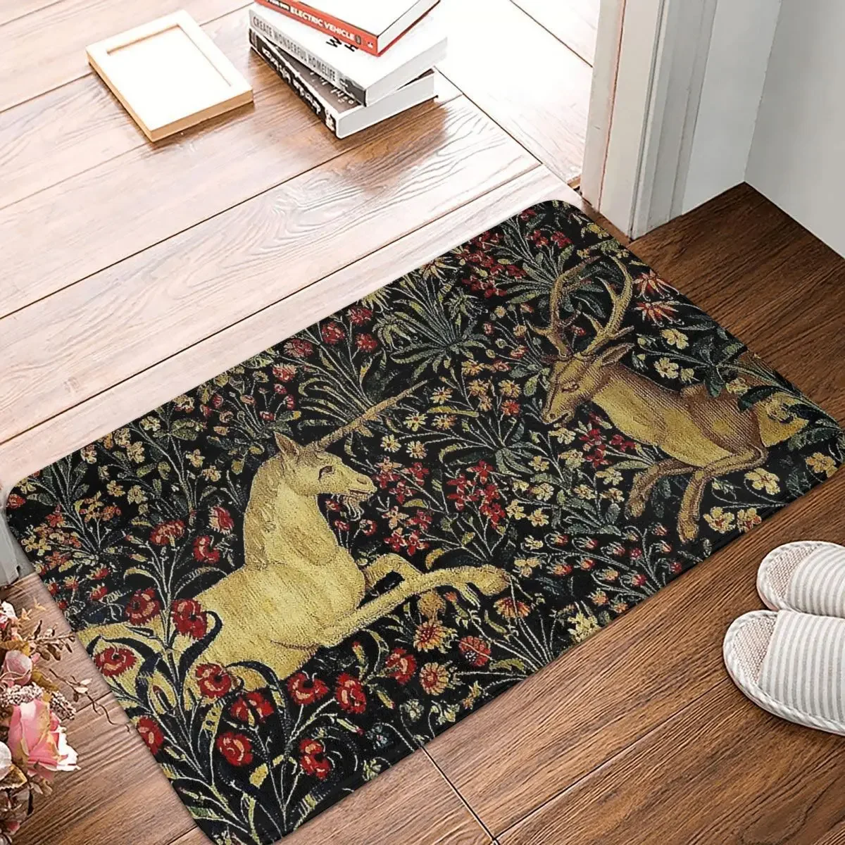 VIKAMA Art Floor Mat Medieval Unicorn Midnight Flower Pattern Rug for ...