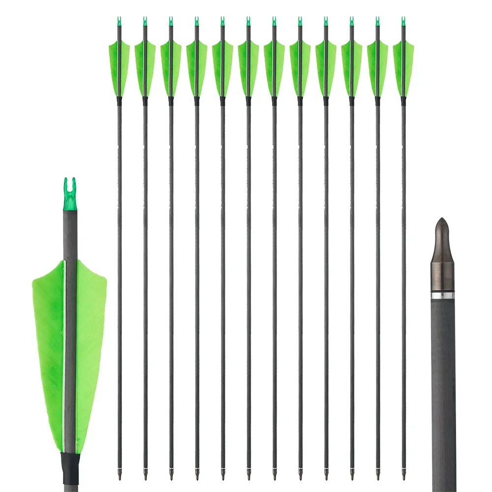 6-12pcs-Pure-Carbon-Arrow-With-4inch-Oblique-Feather-Spine-400-for ...