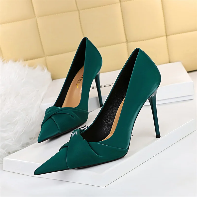 Women 7cm 10cm High Heels Party Green Stiletto Bow Knot Pointed Tip ...