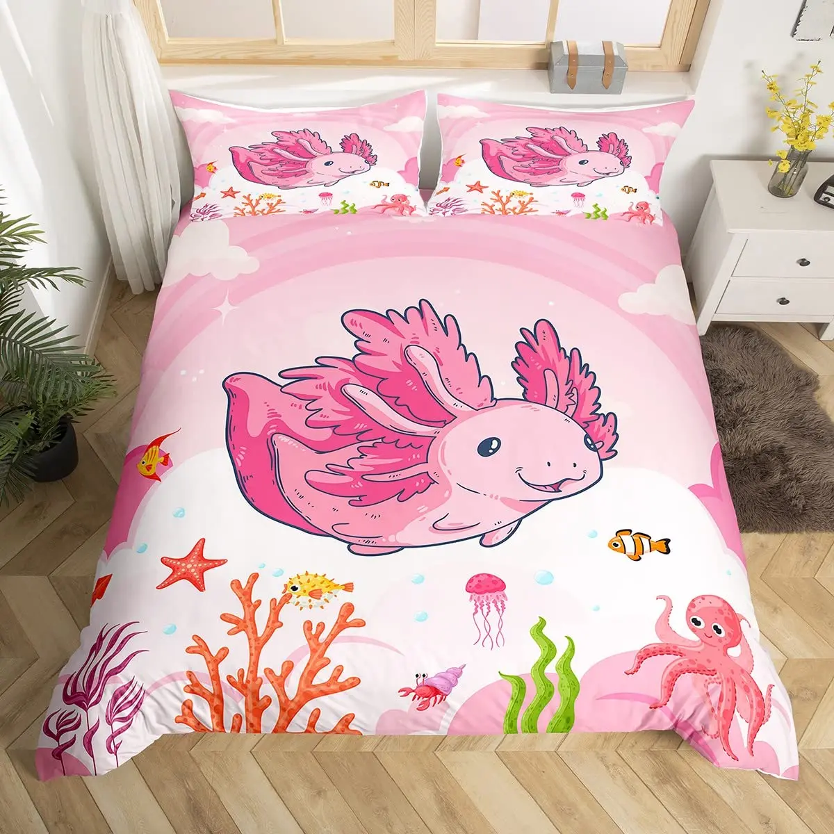 Axolotl-Duvet-Cover-Set-Pink-Newt-Wildlife-Comforter-Cover-with ...