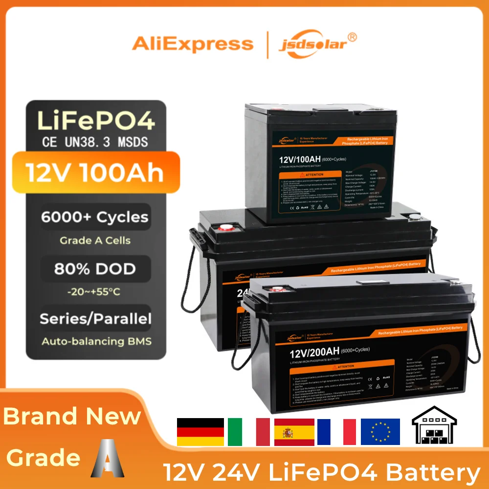 Jsdsolar-12V-24V-50Ah-100Ah-200Ah-LiFePO4-Solar-Battery-Pack-6000 ...