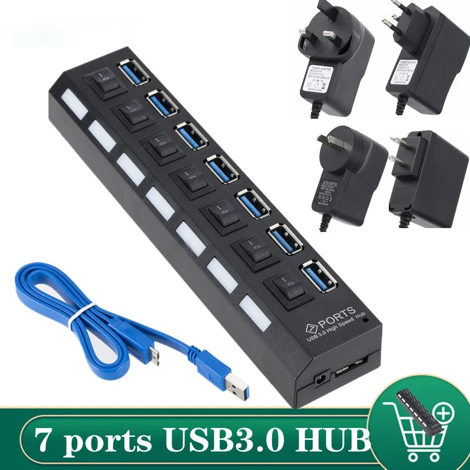 USB 3.0 Hub USB Hub 3.0 Multi USB Splitter 3 Hab Use Power Adapter 7 ...