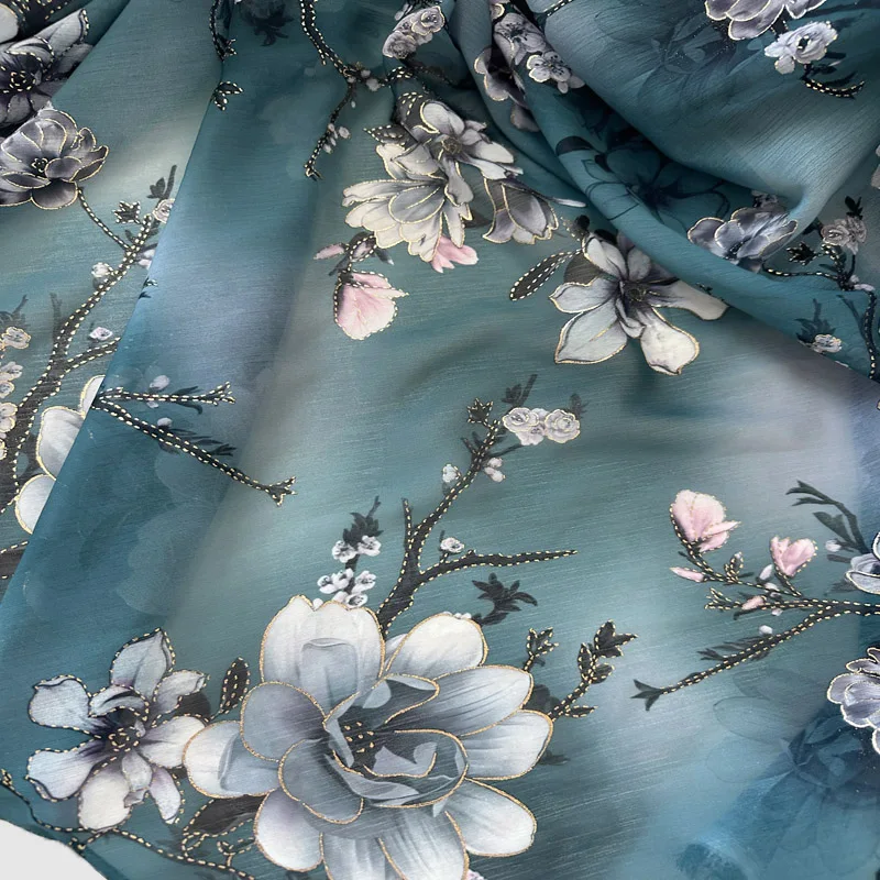 Navy-Blue-Floral-Printed-Chiffon-Fabric-See-through-Flower-Print-Tulle ...