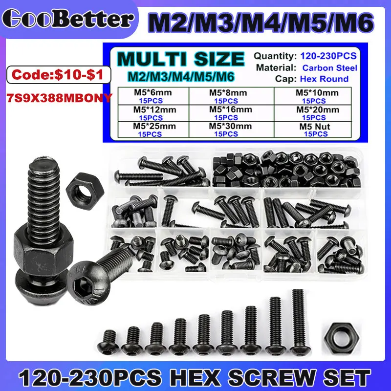 M2-M3-M4-M5-M6-Hex-Socket-Screw-Set-Round-Head-Hexagon-Carbon-Steel ...