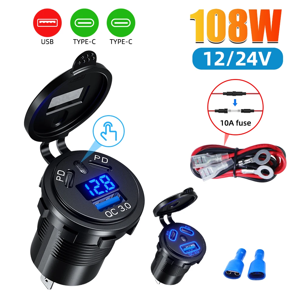 108W-3-Ports-Car-Charger-12V-24V-USB-Outlet-Dual-PD-45W-USB-C-Socket ...