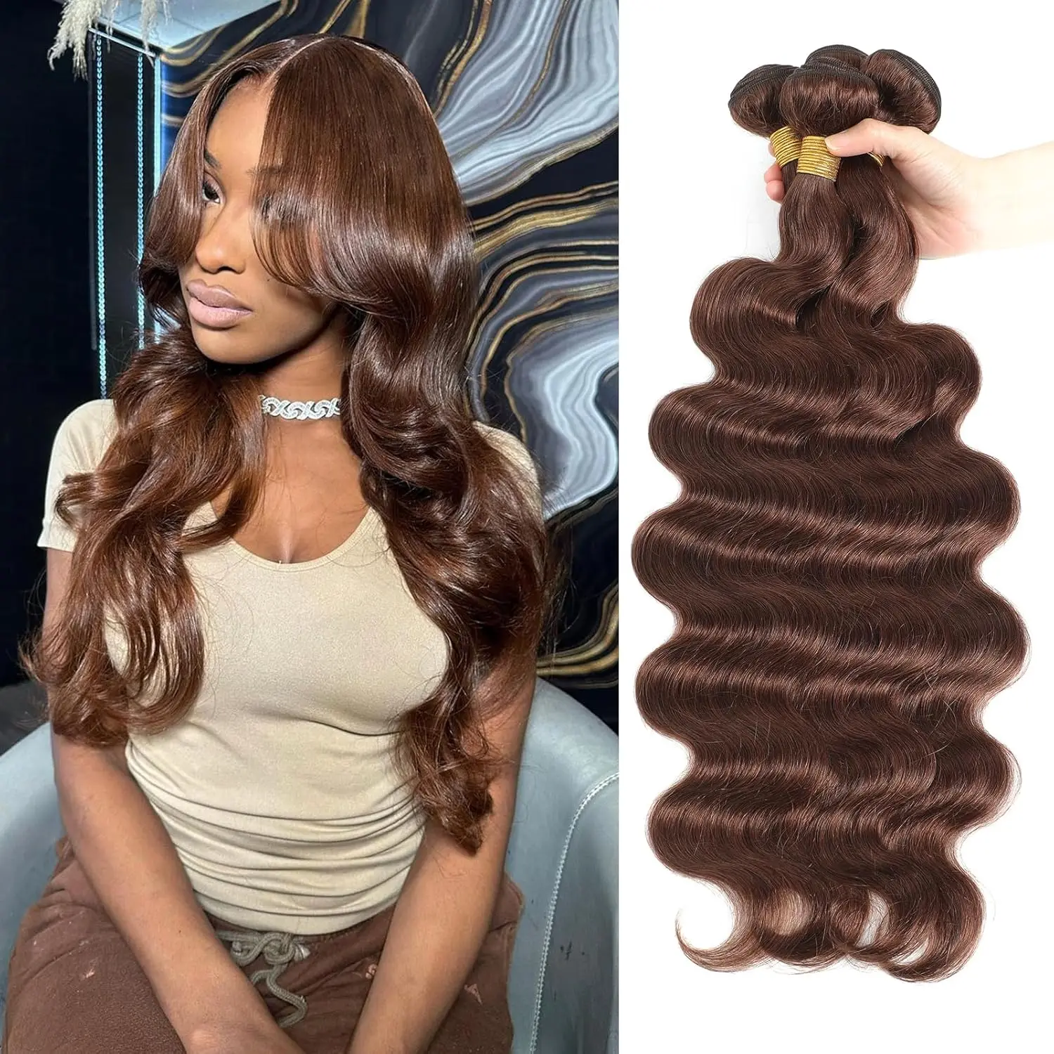 Color 4 Human Hair Bundles Brown Body Wave Bundles 100g/pc For Women ...