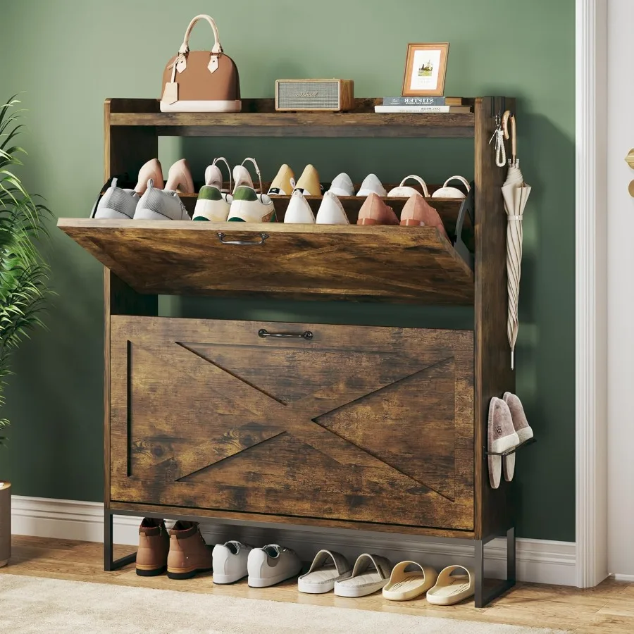 Modern Narrow Shoe Cabinet with 2 Flip Drawers Adjustable Shelves for ...