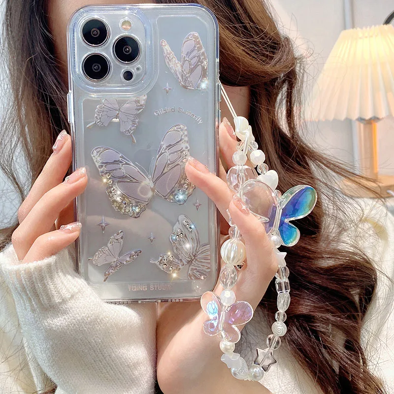 Ins Cute Butterfly Transparent Crystal Butterfly Phone Chains Soft Case ...