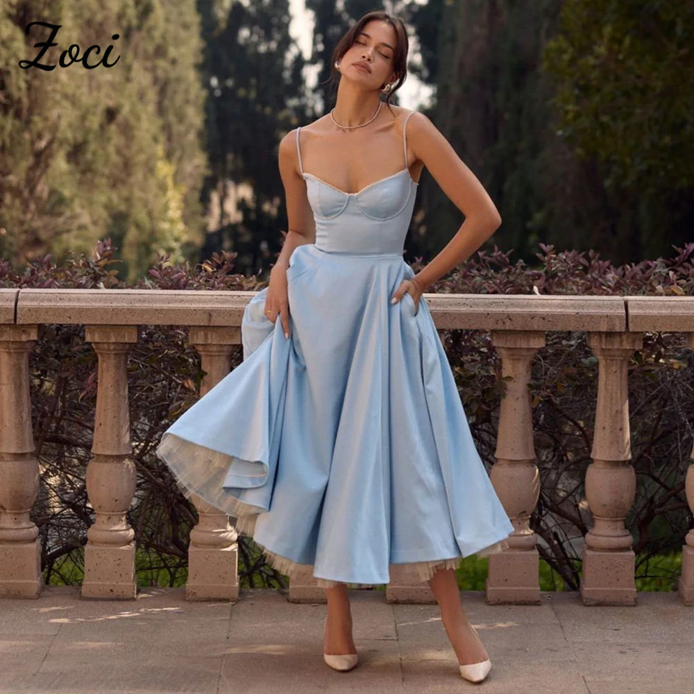 Zoci Sweetheart Sky Blue Prom Dresses Tea Length Spaghetti Straps Satin ...