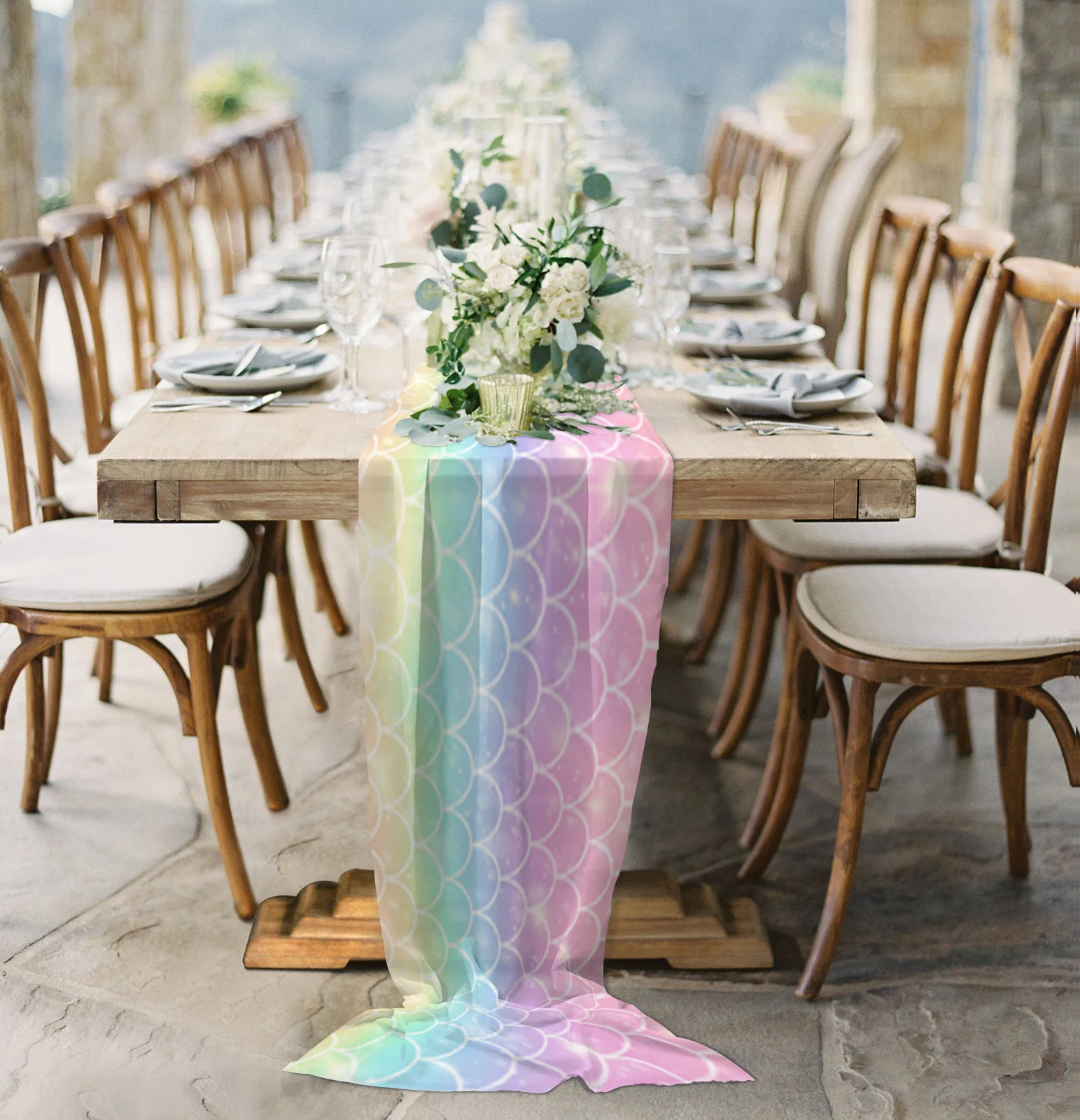 Mermaid-Scales-Ocean-Rainbow-Sheer-Chiffon-Table-Runner-Country-Wedding ...
