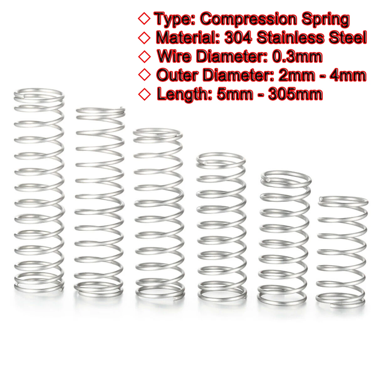 1 50 PCS 304 스테인레스 스틸 압축 스프링 와이어 직경 0.3mm 외부 직경 2mm 3mm 길이 5 150 mm 작은 ...