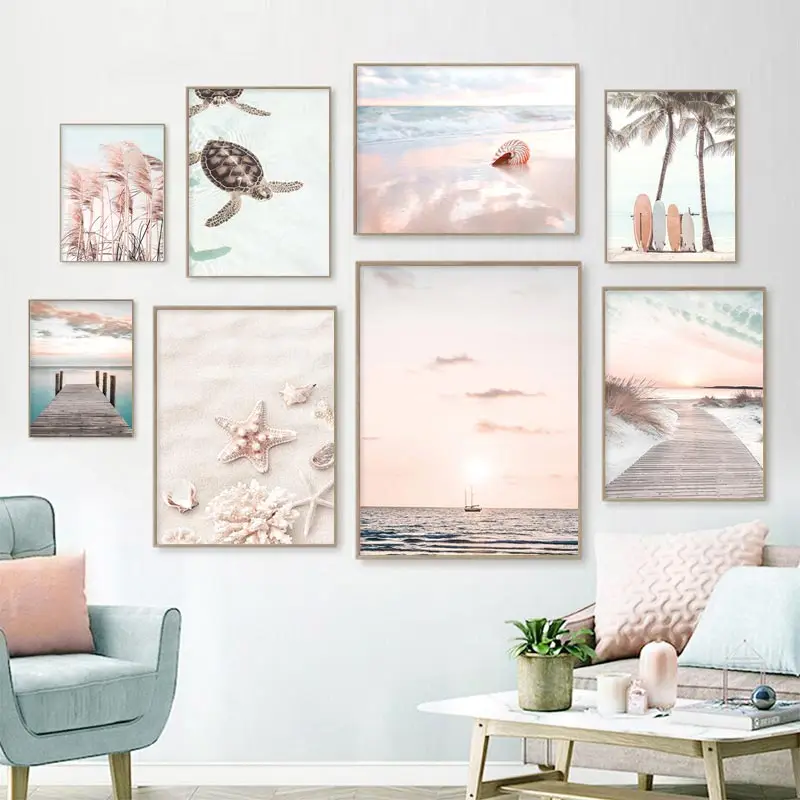 Beach Sea Wave Bridge Starfish Shell Reed Pink Wall Art Canvas Painting ...