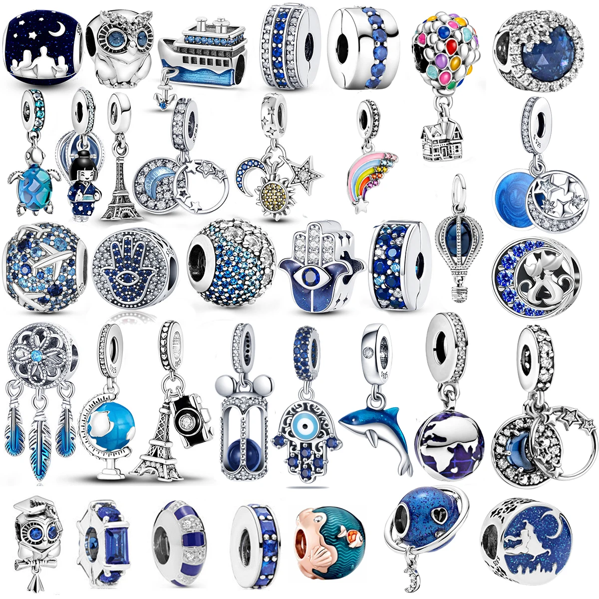 925-Sterling-Silver-Blue-series-moon-Plane-Space-series-Glass-Beads ...