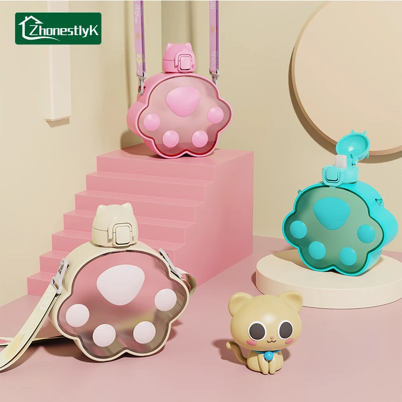 Cute Cat Paw Shaped Plastic Water Bottle with Straw Kawaii Children ...