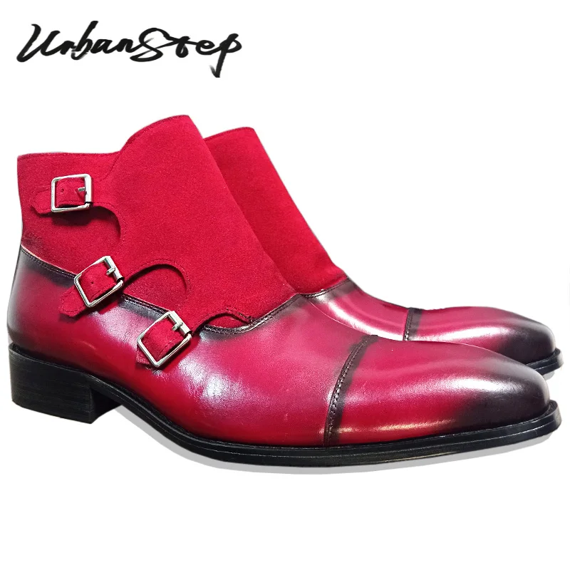 Luxury-Mens-Boots-Buckle-Strap-Shoes-Red-Black-Cap-Toe-Zipper-Ankle ...