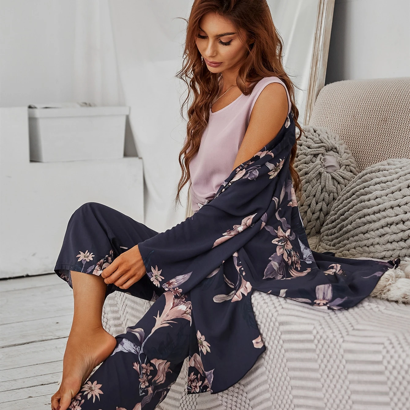 Hot Sale 3 Pcs Women Pajamas Set Viscose Floral Printed Female Pyjama ...