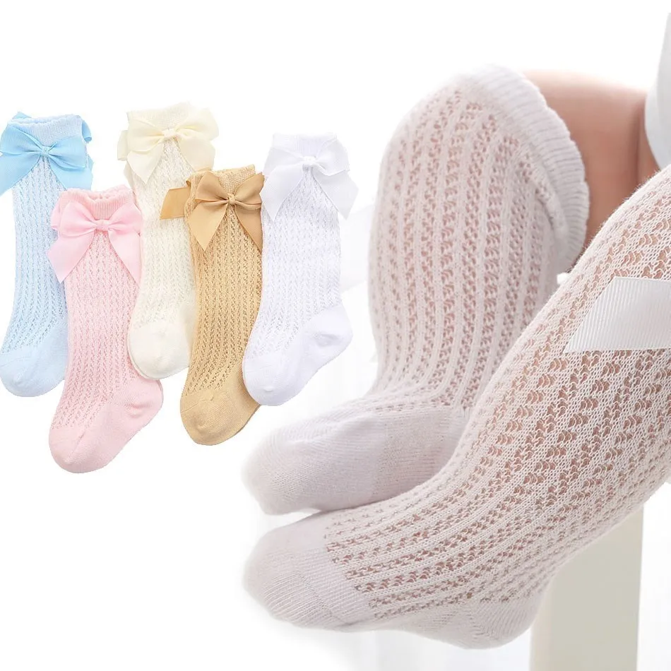 Baby-Girls-Knee-High-Socks-Newborn-White-Beige-Blue-Pink-Bow-Stockings ...