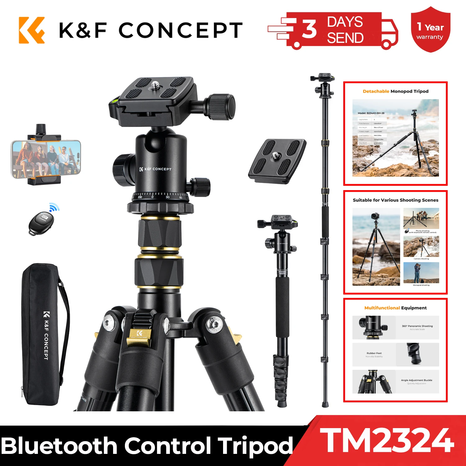 K&F CONCEPT New 72''/1.84m Camera Tripod With Bluetooth Remote Control ...