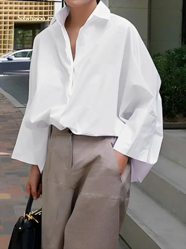 UOOZEE Female Fashion Black White Solid Color Lapel Blouses 2025 New ...