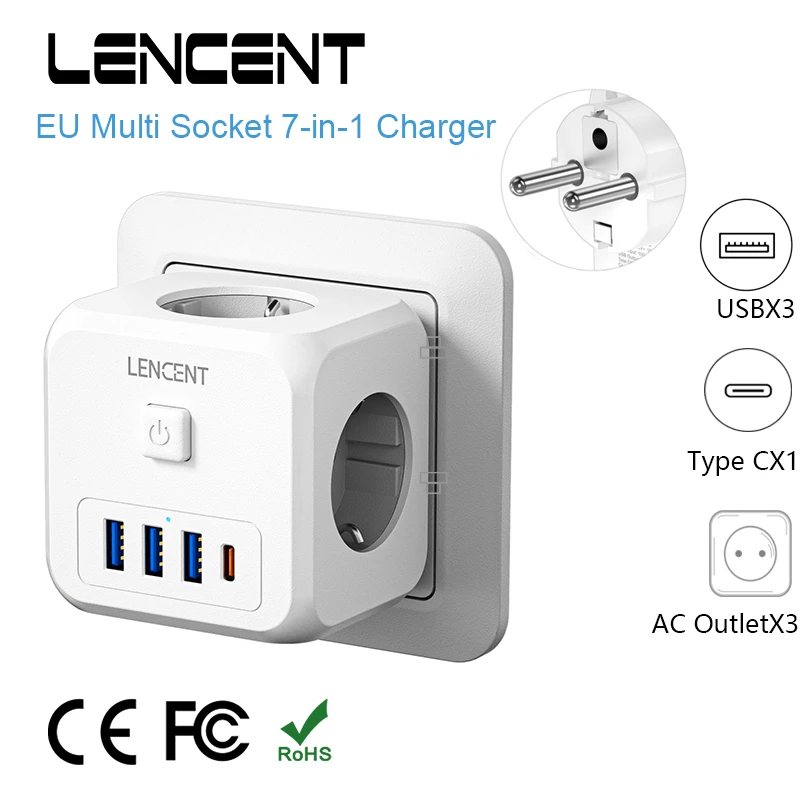 Lencent Eu Plug Power Strip With 3 Ac Outlets +3 Usb Charging Ports+ 1 ...