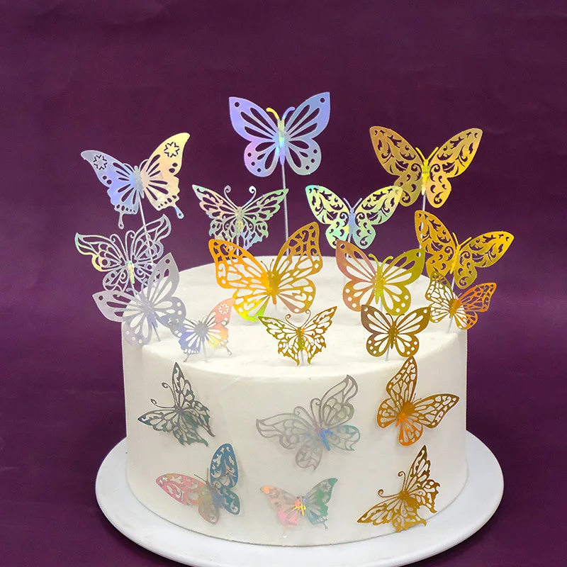Cake Topper Colorful Gold Silver Butterfly Happy Birthday Wedding ...