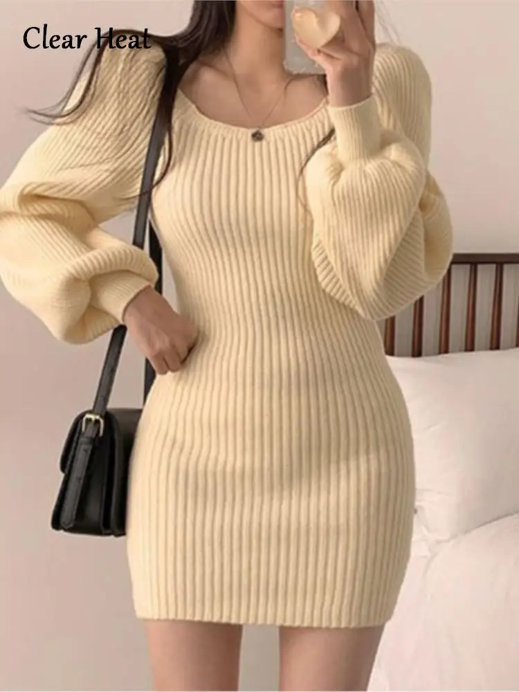 Moda-feminina-elegante-s-lida-malha-mini-vestido-mulher-gola-quadrada-manga-longa-lanterna ...