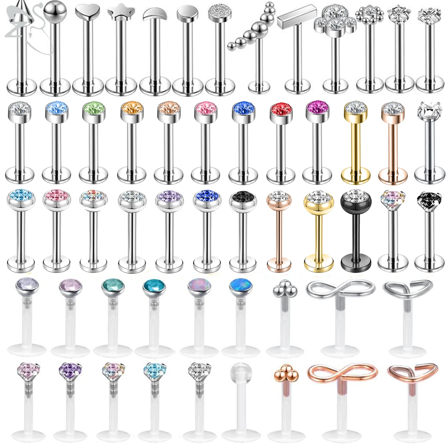 ZS-10-38Pcs-lot-Stainless-Steel-Crystal-Lip-Labret-Piercing-Set-Clear ...