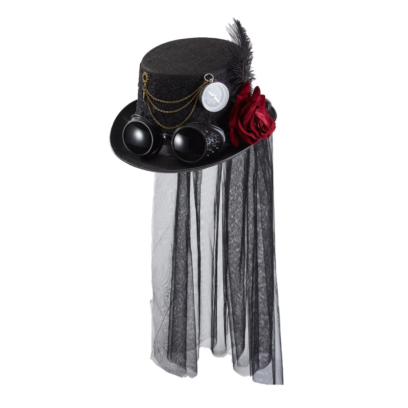 Lolita Gothic Hair Hat Steampunk Top Hat with Flower Lace Veil Cosplay ...