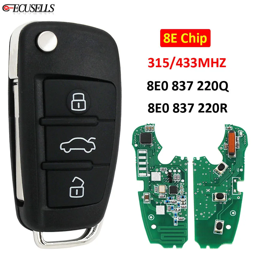 3 Button Folding Remote Car Key 315mhz 433mhz 8e Chip 8e0 837 220q 220r ...