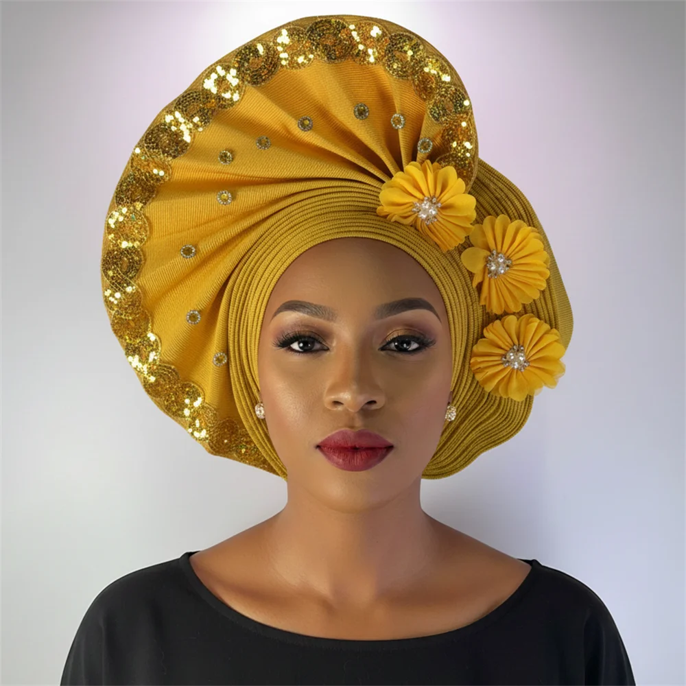Golden Headtie African Gele Headwear With Sequins And 3D Flower Women's ...